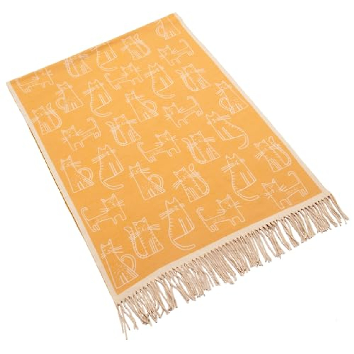Women's Fringed Scarf Cat Print Pattern Cape Winter Cashmere Feel Shawl Warm Wrap Cat Yellow