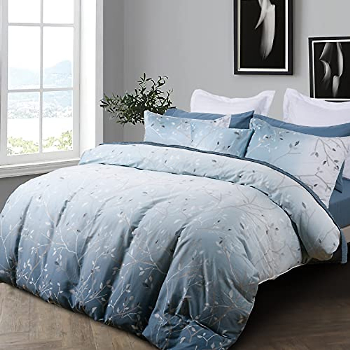David's Home 100% Cotton Duvet Cover Set King Size, Natural Twigs Pattern Duvet Cover with Pillow Shams, 3pcs Ultra Soft and Breathable Comforter Cover Set, 106x90 Inches, Gradient Ombre Turquoise