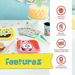 Spongebob Party Supplies Set | Serves 16 Guests | Spongebob Party Decorations With Table Cover, Banner Decoration, Spongebob Plates, Napkins, Balloons, Crepe Streamer, Candles and Button