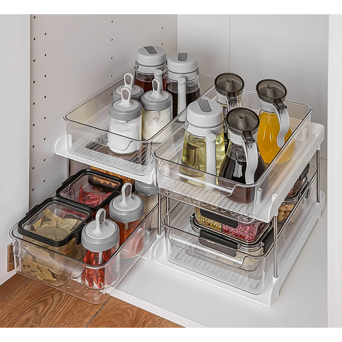 Xicennego Stackable 2-Tier Sliding Storage Drawer, Kitchen Spice Storage Rack, Cosmetic Storage,Under Sink Cabinet Organizer, For Kitchen, Bathroom, Bedroom, Cabinets