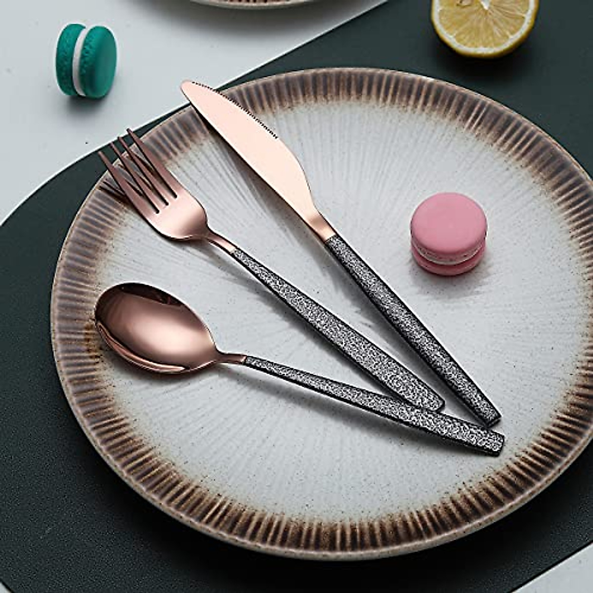 Silverware Set 20 Pieces Rose Gold Head Coating With Black Mars Handle, Stainless Steel Copper Titanium Plating Knives Spoons Forks Flatware Set Utensils Set Cutlery Set Service For 4
