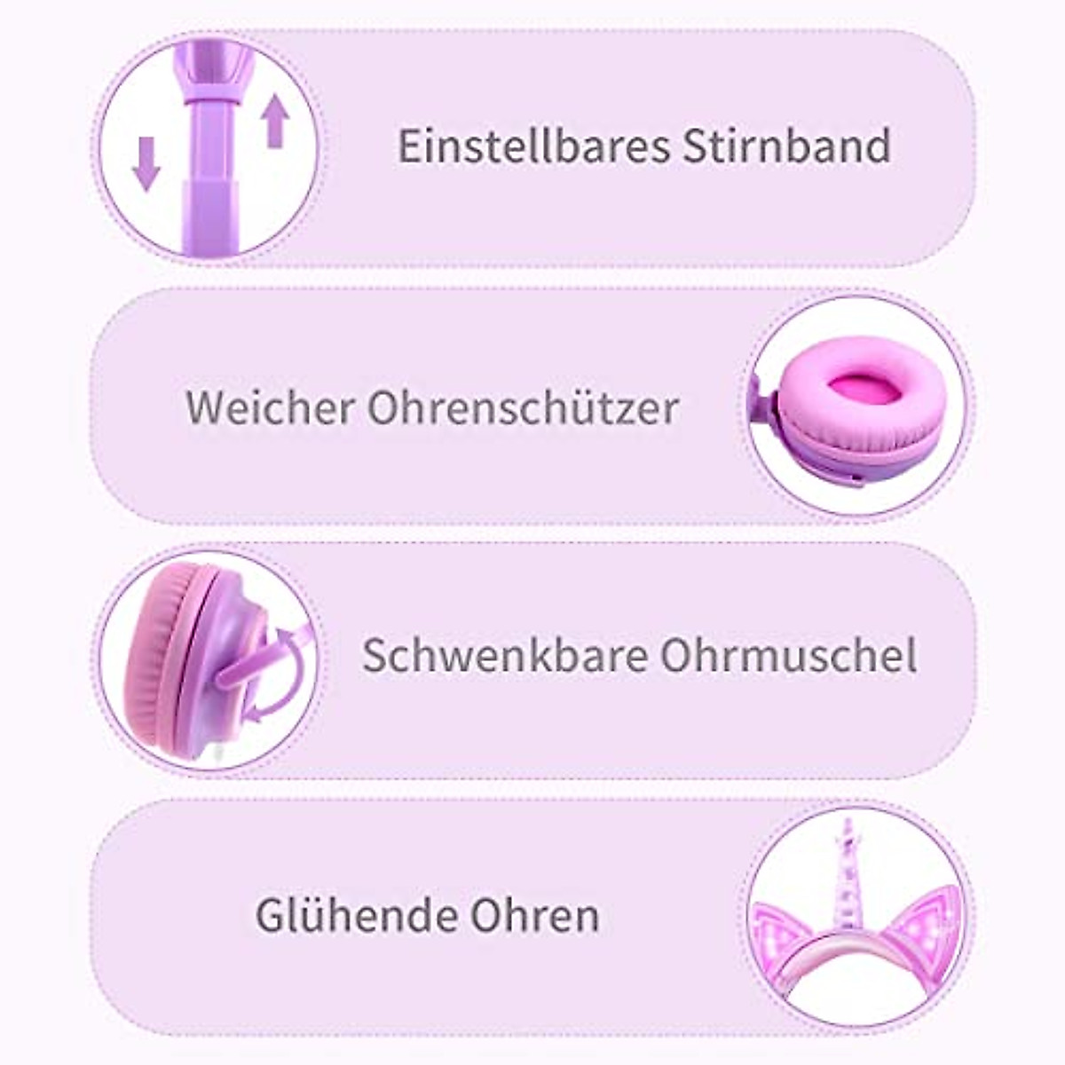 LOBKIN Unicorn Kids Headphones Cat Ear, Wired Toddler Headphones with LED Light Up, 85dB Volume Limited, Foldable 3.5mm Jack Girls Headphones for School/Travel/iPad/Tablet - Purple