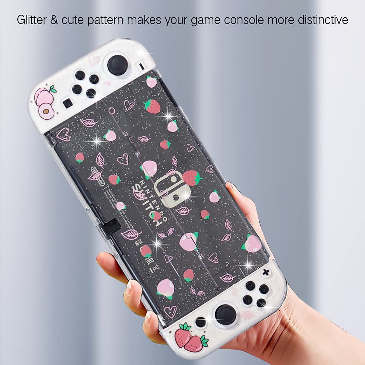 PERFECTSIGHT Glitter Protective Case for Nintendo Switch OLED Kirby Fans, Cute Bling Clear Soft TPU Slim Cover, Dockable Case for NS Console and Joy-Con Controller - Shock-Absorption Anti-Scratch