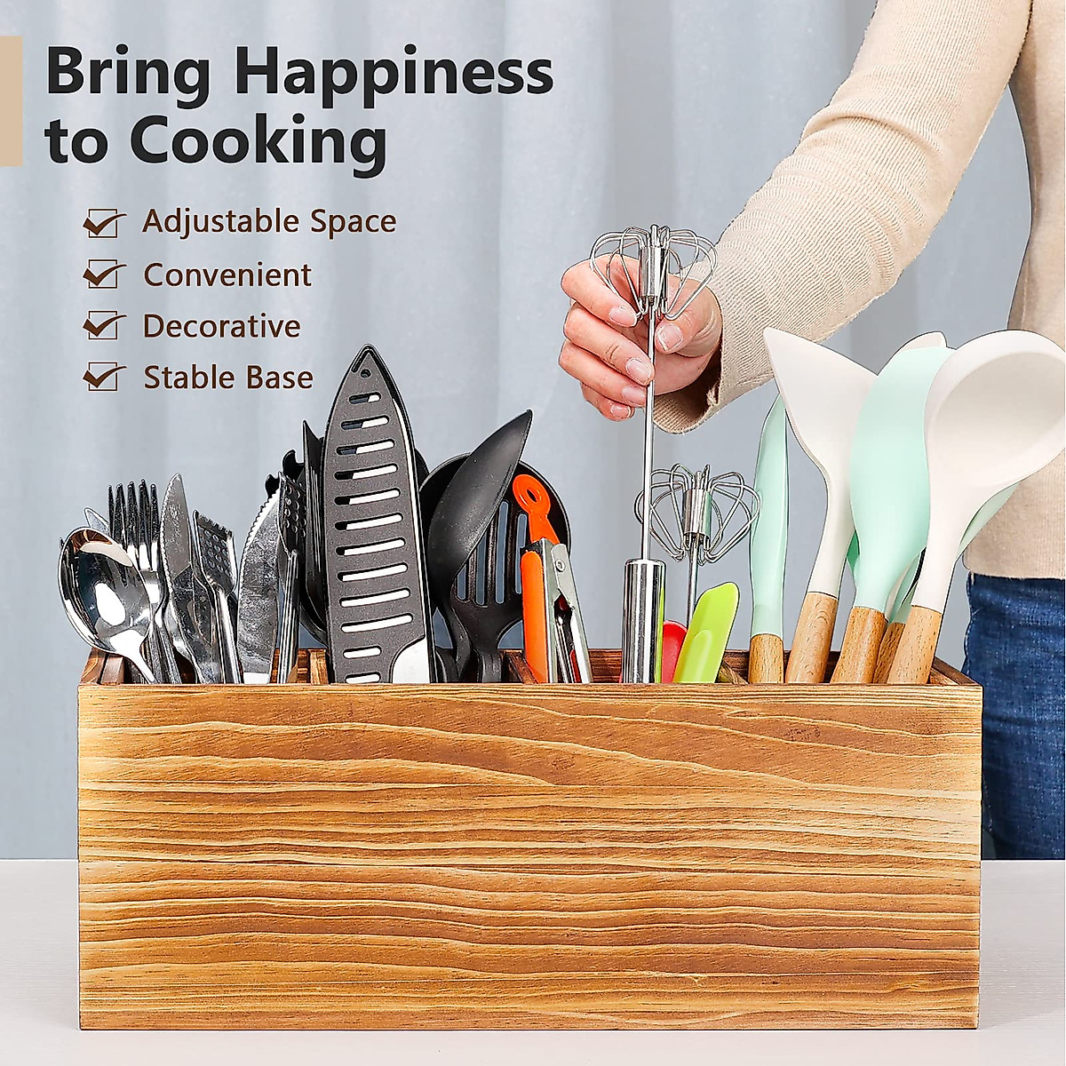 Yumkfoi Extra Large Utensil Holder, 4 Sections Wooden Utensil Organizer, Farmhouse Kitchen Utensil Organizer for Countertop, Rustic Utensil Caddy Crock Counter Organizer and Cooking Tools Storage