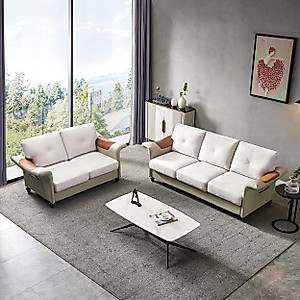 TARTOP Furniture Linen Fabric Faux Leather Sofa & Solid Wood Legs Upholstered Couches Sets with 2+3-Seat Sofa, Loveseat for Living Room,Beige