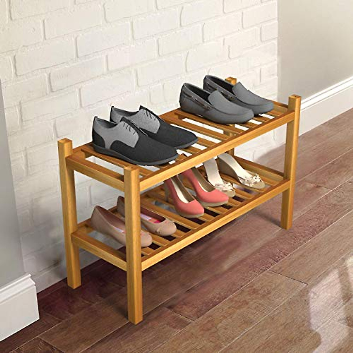 INTERBUILD Acacia Solid Wood Shoe Storage Organizer 2-Tier Stackable Shoe Rack, Golden Teak