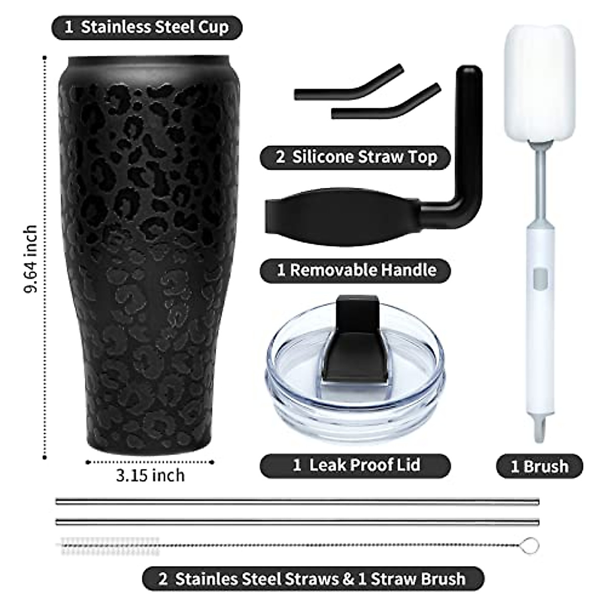 LAOION 40 oz Tumbler with Handle and Straw,Stainless Steel Mug with Leak Proof Screw Seal Lid,Dual Insulated Large Cup with handle,Keeps Drinks Cold for 24 Hrs,Sweat Proof,BPA Free-Black Leopard