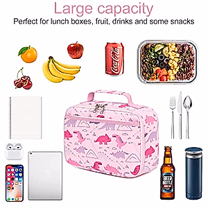Kids Lunch Box Boys Girls Insulated Lunch Cooler Bag Reusable Lunch Tote Kit for School Travel Dinosaur Pink