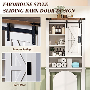 LUXOAK Farmhouse Over Toilet Cabinet, 68" Tall Toilet Organizer Stand with Sliding Barn Door & Adjustable Shelf, Above Toilet Storage for Bathroom, Laundry Room, Rustic Oak & White