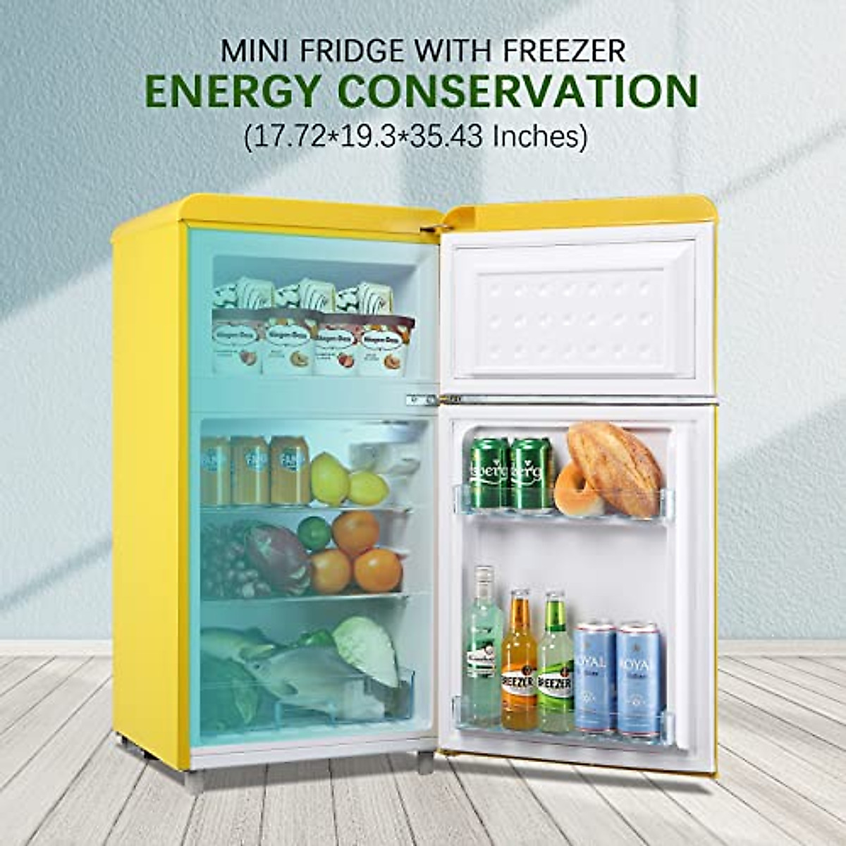 WANAI Compact Mini Refrigerator 3.2 Cu.Ft Small Refrigerator with Freezer, Retro Mini Fridge with Dual Door,7 Adjustable Thermostat, Adjustable Shelves For Dorm, Office Bedroom, Yellow