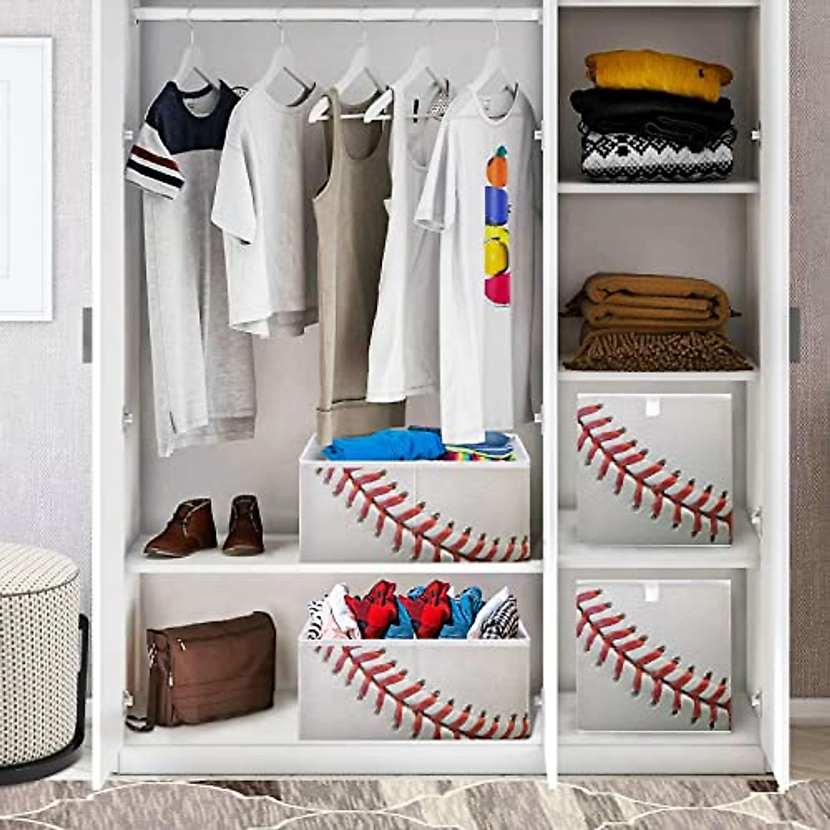 RunningBear Baseball Leather Storage Basket Storage Bin Square Collapsible Shelves Basket Foldable Fabric Cube Organizer for Living Room Car