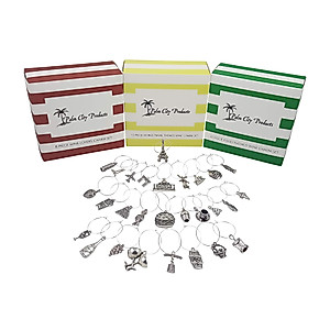 Palm City Products Around the World Wine Charm Set with Food, Wine, and Travel Themed Sets - 28 Piece Bundled Set