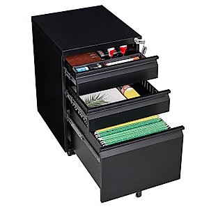RIDFY Rolling File Cabinet with Lock, 3-Drawer Office Storage Filing Cabinet for Letter Size, Steel Metal Filing Cabinet for Home Office,Lateral File Cabinet for Place The Printer,Black