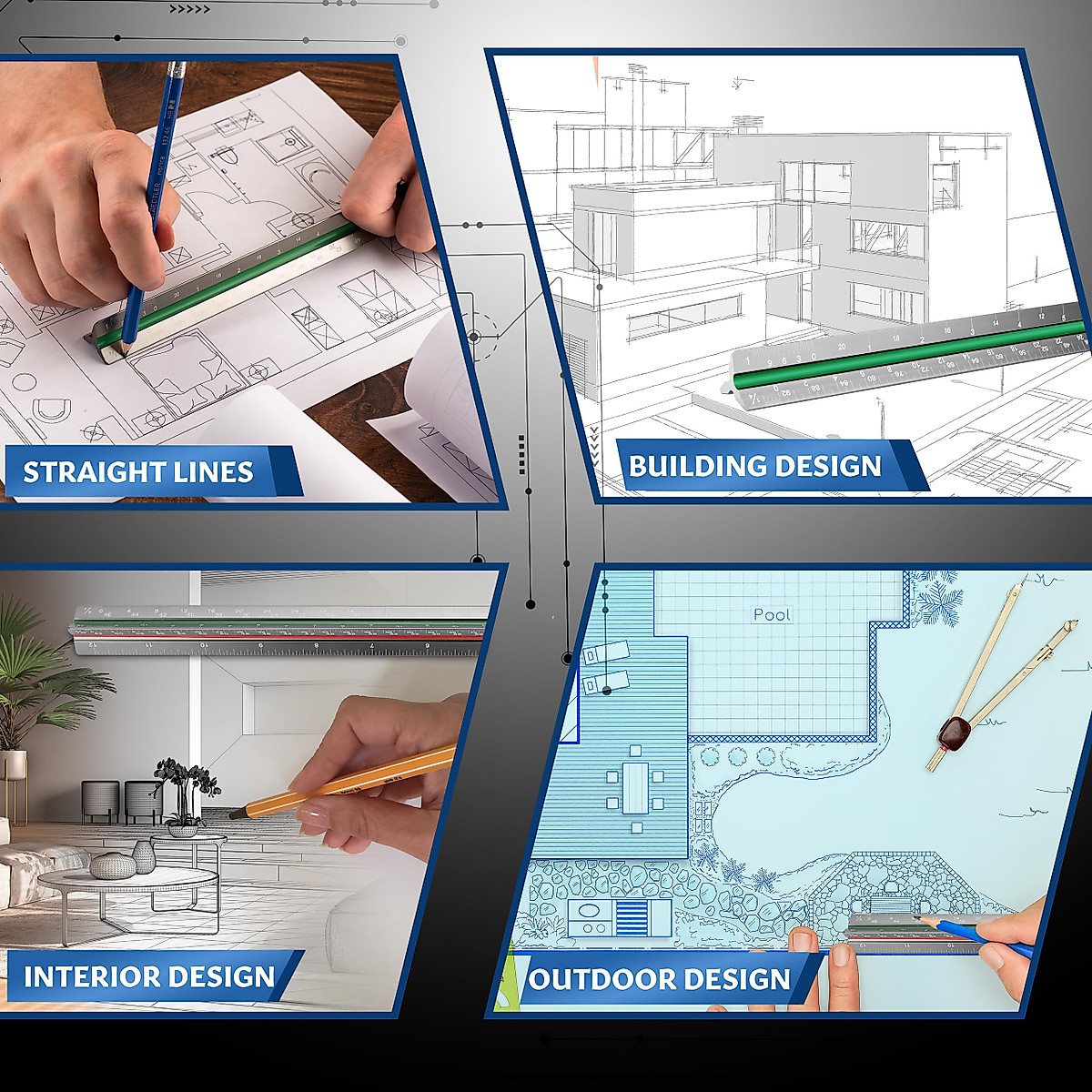 Stylo Aluminum Architect Scale Ruler 12" Laser Etched Triangle Drafting Ruler with Color - Coded Grooves for Blueprint, Drafting and Drawing - Imperial Architectural Scale Ruler for Blueprints