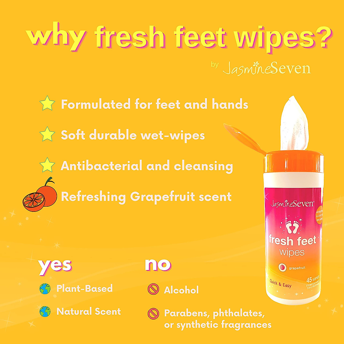 Fresh Feet Wipes -for Kids and Adults - Antibacterial Refreshing Grapefruit Wet Wipes Resealable Canister - 45 foot, hand, body wipes | by Jasmine Seven