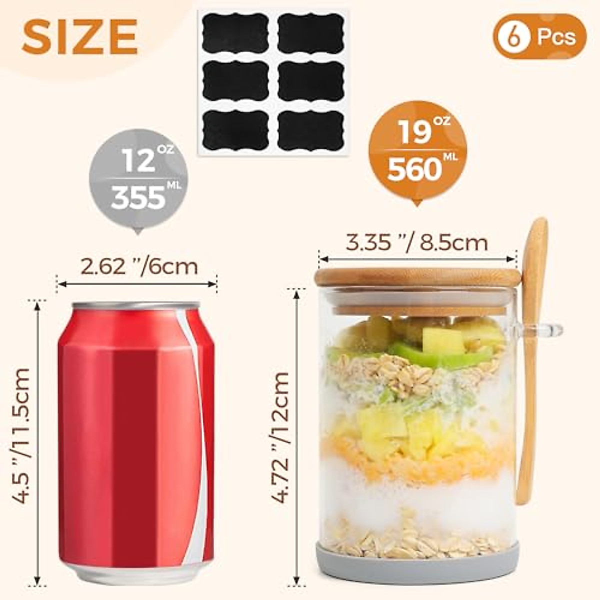 ComSaf 19oz Glass Jars with Lids and Spoons Set of 6, Sugar Coffee Containers Salt Spice Jars, Jars with Spoons for Loose Tea, Candy, Brown Sugar, Nuts, Overnight Oats Containers with Lids,