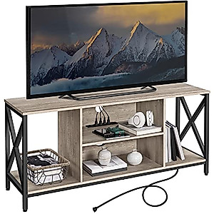 Yaheetech TV Stand for 65 Inch TV, Industrial Entertainment Center TV Console with Power Outlets, Modern TV Cabinet with Open Storage Shelves for Living Room, Gray