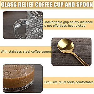 4 Pcs Vintage Glass Coffee Mugs 14 Oz Clear Embossed Tea Cups with 4 Pcs Spoons Stackable Drinking Glasses for Cappuccino Water Milk Yogurt Beverage Gift for Family and Friends