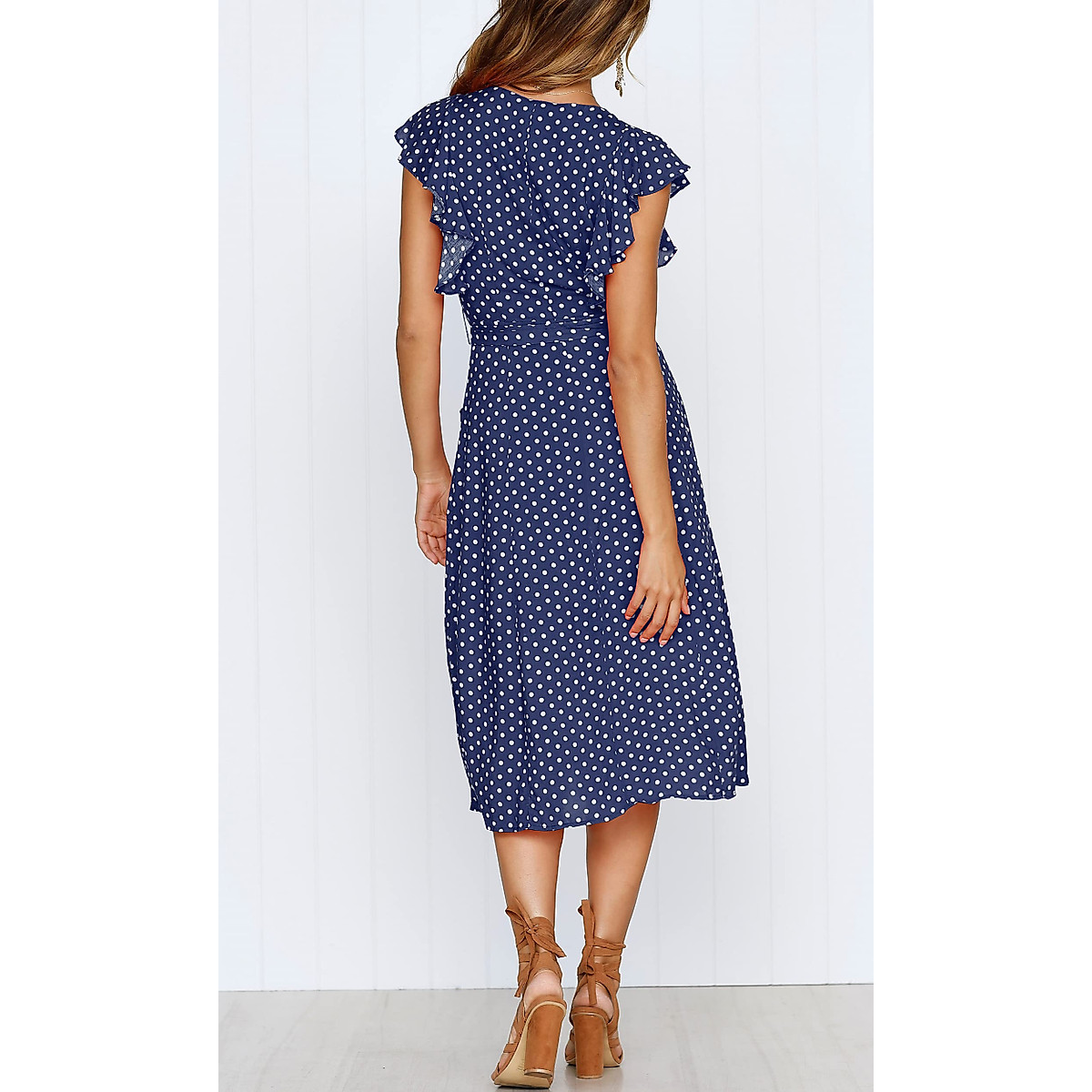 MITILLY Women's Boho Polka Dot Flutter Short Sleeve V Neck Button Down Swing Midi Dress with Pockets Small Dark Blue
