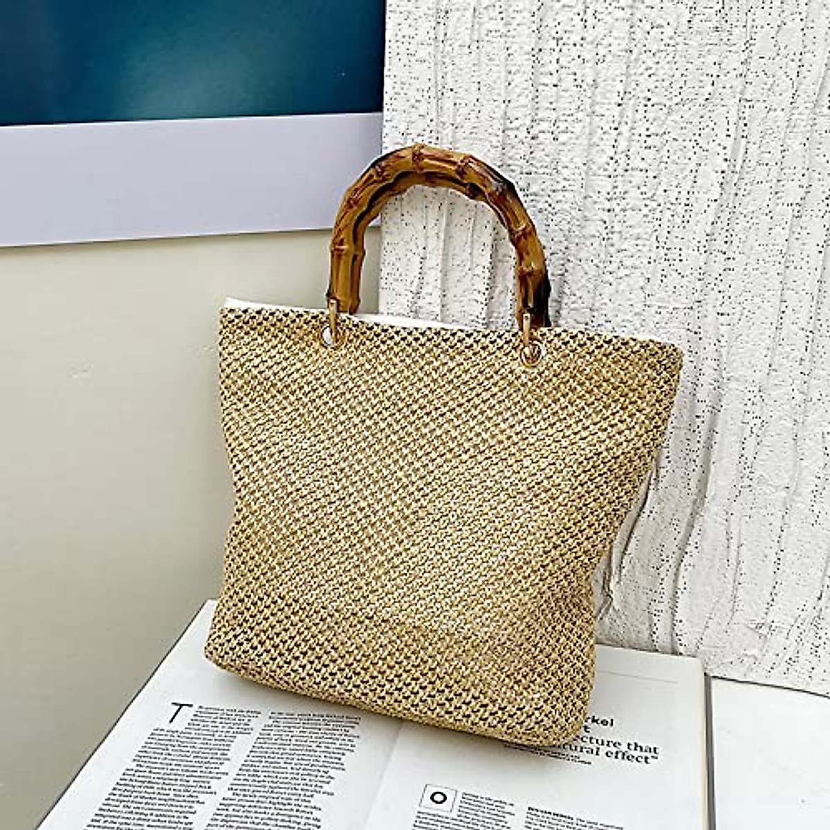 CWCYYDSYY Women's Straw Bags Tote with Bamboo Handles Rattan Woven,Handbag Summer Boho Beach Purse(Brown)