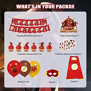 103 Pcs Anime Birthday Decorations Include Banner，Backdrop, Balloons, Cake Topper, Cupcake Toppers, Mask, Cloak and Tattoo Stickers,Flash Birthday Party Supplies for boys