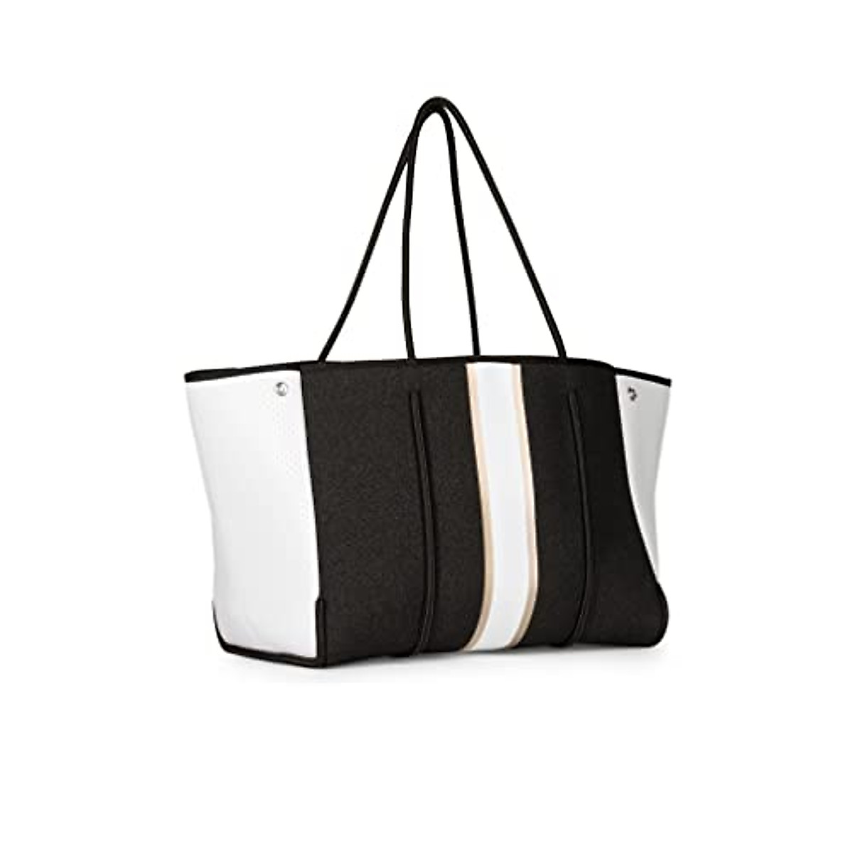 Haute Shore - Greyson Bravo Neoprene Tote Bag w/Zipper Wristlet Inside, Black Denim W/Rosegold & White Stripe