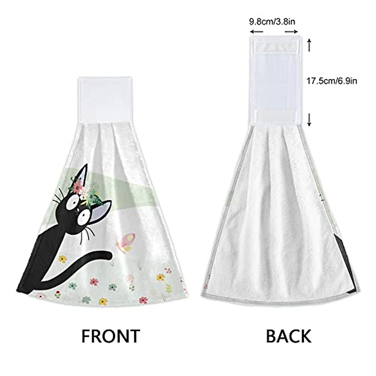 KOCOART Cute Black Cat Kitchen Towels Spring Summer Flower Bathroom Hand Towel Hanging Tie Towel with Loop 2PCS Soft Absorbent Dish Cloth Fingertip Towel for Oven Stove Handle Tabletop