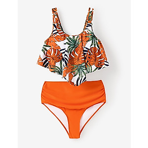 PATPAT Matching Family Swimsuits Two Piece Mother Daughter Matching Swimsuits Hawaiian Tropical Orange Palm Leaf Print Beach Vacation Matching Bathing Suits for Couples Ruffle Bikini for Women L
