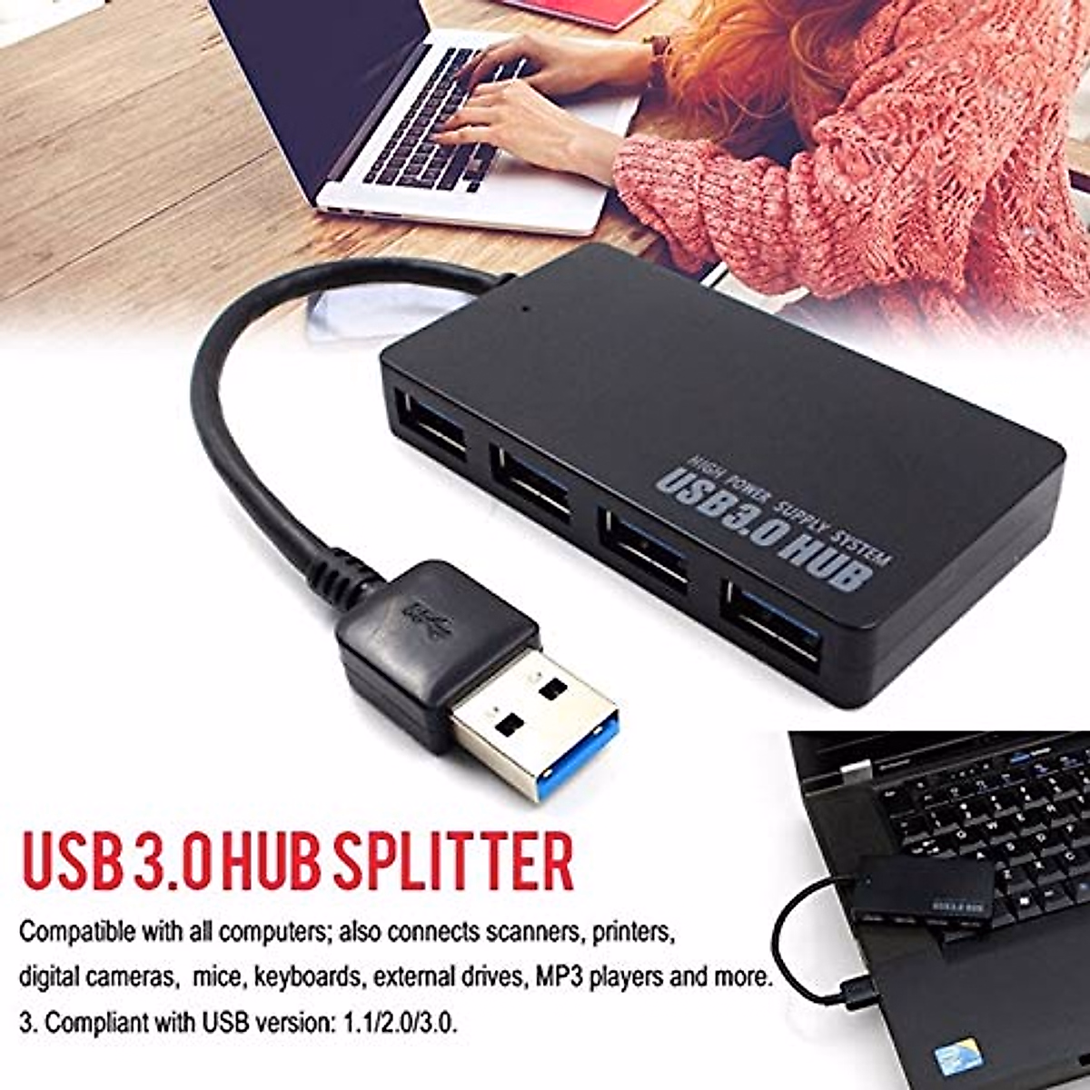 Lysee Home - USB 3.0 Hub 4 Port High Speed Slim Compact Expansion Splitter - (Color: Black, Length: Other)