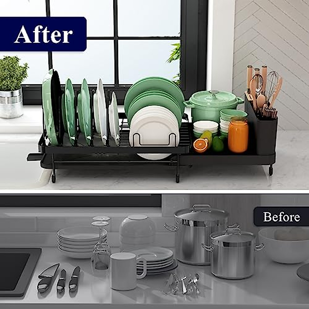 Kitsure Kitchen Dish Drying Rack - Extendable Dish Rack w/Large Capacity, Dish Rack for Kitchen Counter, Multipurpose Dish Drainer w/Detachable Brackets for Pot Lids, Dishes-4063