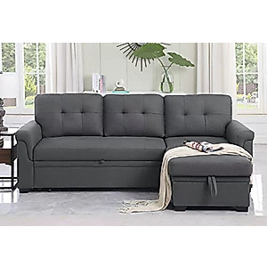 Lilola Home Lucca Performance Artificial Leather L-Shaped Pull-Out Sleeper Sofa Sectional with Reversible Storage Chaise and Solid Wood Frame, Gray