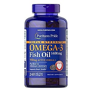Puritans Pride Triple Strength Omega-3 Fish Oil 1360 Mg (950 Mg Active Omega-3), 240 Count, Package may vary