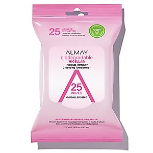 Almay Makeup Remover Cleansing Towelettes, Biodegradable Micellar Water Wipes for Sensitive Skin, Hypoallergenic, Cruelty Free, Fragrance Free, 25 Count