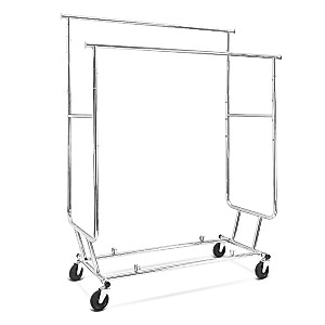 Double Rail Garment Rack with Adjustable Extendable Rails, Chrome Finish Collapsible Clothing Rack, Commercial Grade Clothes Drying Rack, Rolling Racks with Wheels