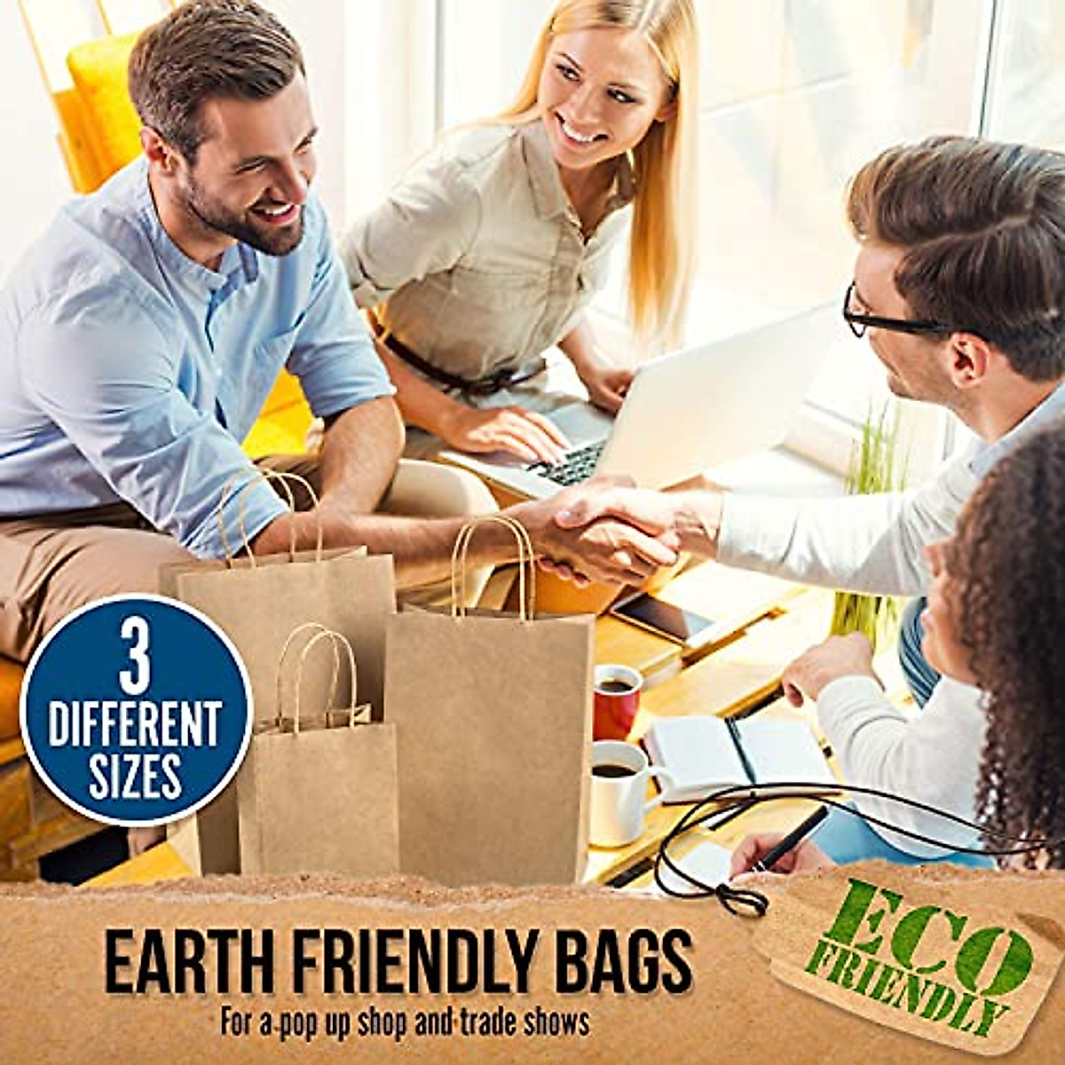 WDC Brown paper bags with handles bulk, 75 craft bags, 25 each (large, medium & small). Plain paper bags great for shopping, gift bag with assorted sizes