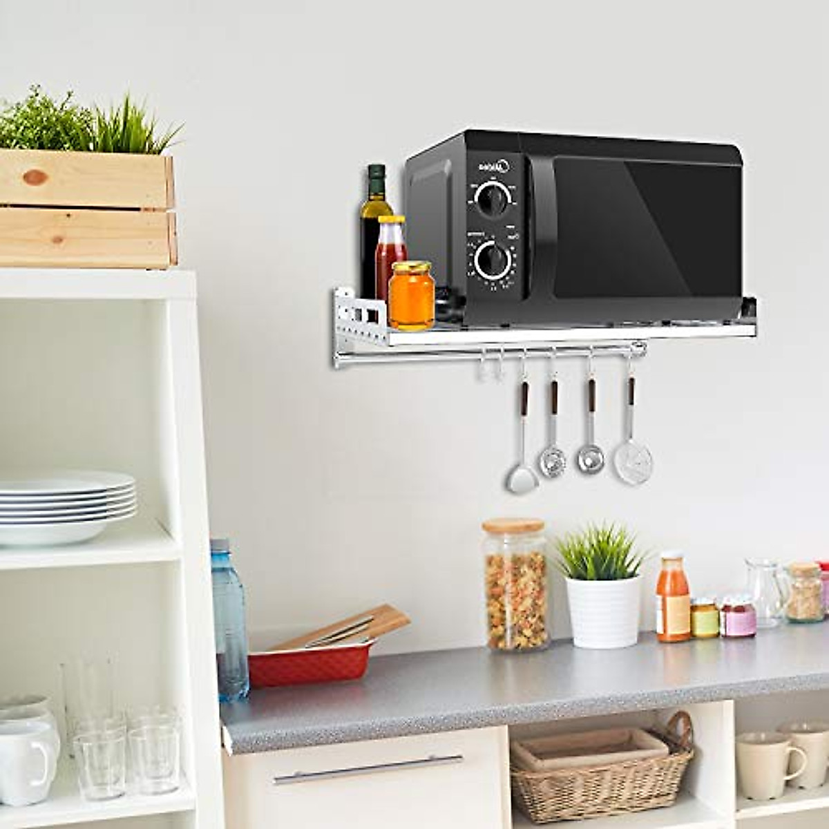 23 Inch Stainless Steel Wall Shelf Metal Shelving Heavy Duty Commercial or Household Grade Wall Mount Microwave with Fixing Kit Microwave Support Load 120lb/55kg Microwave Oven Shelf (Width 23 in)