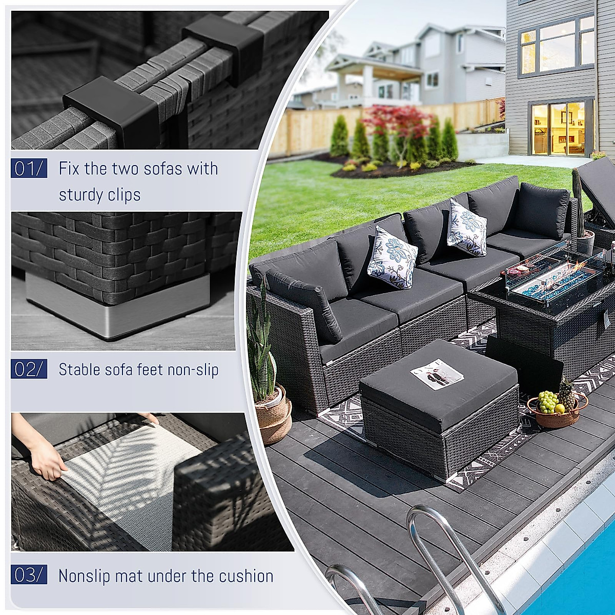 BULEXYARD Grey PE Wicker Patio Furniture Sectional Conversation Sofa Set with 43" Propane/Natural Gas Fire Pit Table, Large Size High Back Outdoor Furniture Set with Fireplace(10Pcs, Dark Grey)