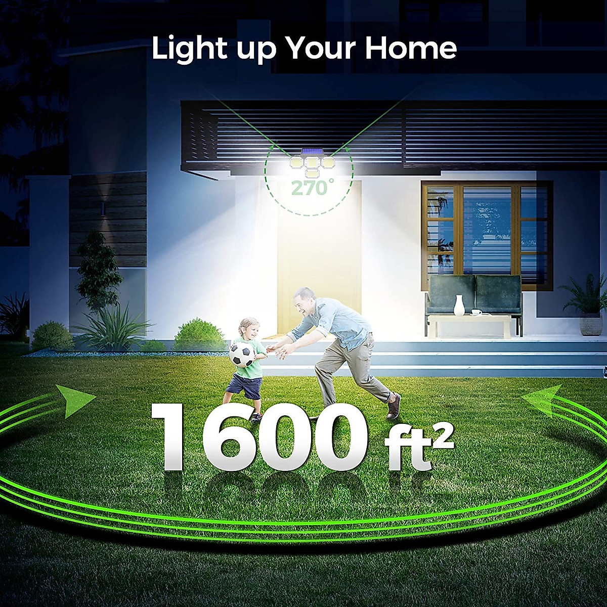 306 LED Solar Flood Light Security with Two PIR Motion Sensors IP65 Waterproof 4 Heads 3100Lum with Adjustable Spot Wall Light Garden Lighting (1Pack)