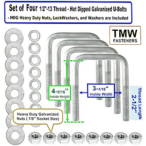 TMW (4) Hot Dipped Galv Square 1/2" Dia. U-Bolts x 3-1/16" Inside Width x 4-5/16" Inside Height & HD Washers, Lock Washers & Nuts for Boat & Utility Trailers Fits Down Over 3" Wide Metal
