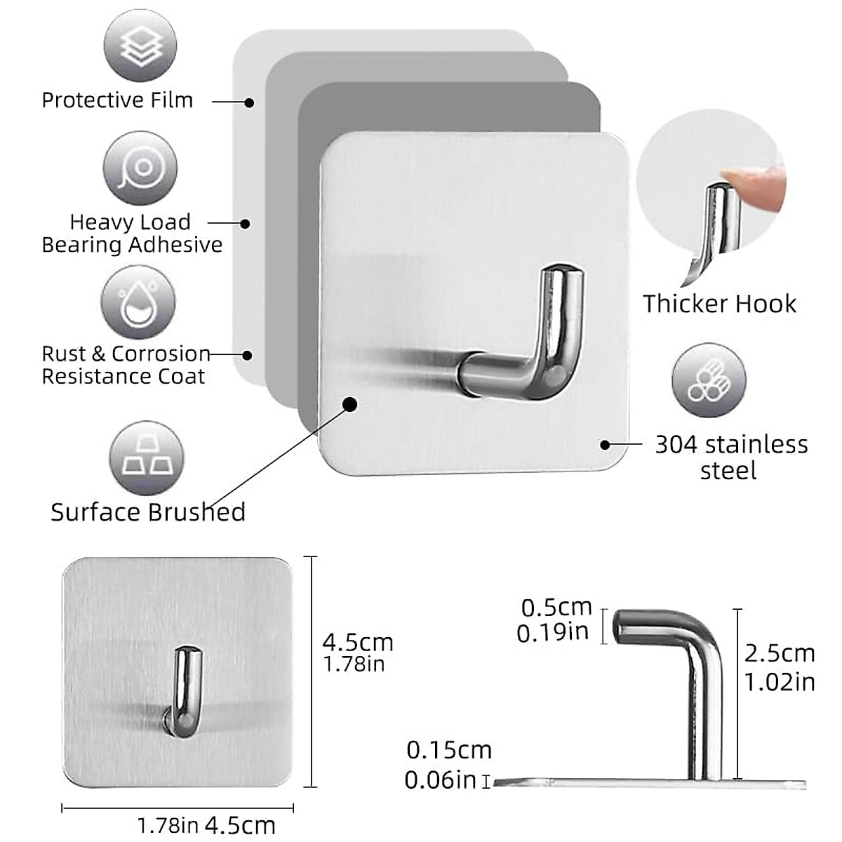 Patravious Adhesive Hooks, Holder Heavy Duty Wall Hooks, Stick on Towel Hanger for Bathroom, Wall Waterproof Stainless Steel Adhesive Hooks for Hanging Bathroom Kitchen Home-4 Packs