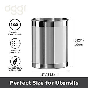 Oggi Stainless Steel Utensil Holder - 5" Diameter, Utensil Caddy, Weighted Base for Stability - Larger-Sized Utensil Crock and Countertop Utensil Organizer, Stainless Steel
