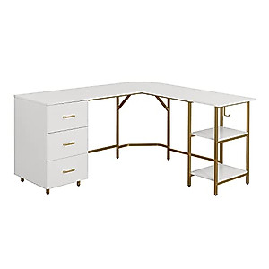 Techni Mobili L Shaped Desk - Two-Toned Computer Desk with Drawers & Storage Shelves - Simple Modern Furniture & Home Office Space Corner Table for Work & Writing