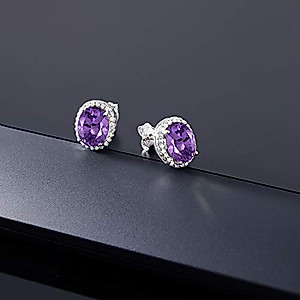 Gem Stone King 925 Sterling Silver Purple Amethyst Halo Earrings For Women (3.80 Cttw, Gemstone Birthstone, Oval 9X7MM)