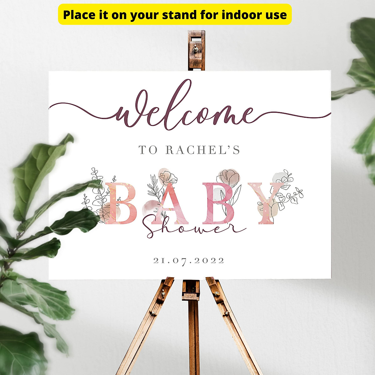 Custom Welcome Baby Shower Sign with Stand, Large Floral Baby Shower Sign with Personalized Info, 24" W x 18" H for Outdoor and Indoor Use (Baby Shower Design B)