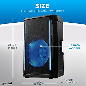 Gemini Sound GD-L115BT Powered LED Lit 1000W 2-Way Linkable Bluetooth PA Speaker with 3 Channel Mixer