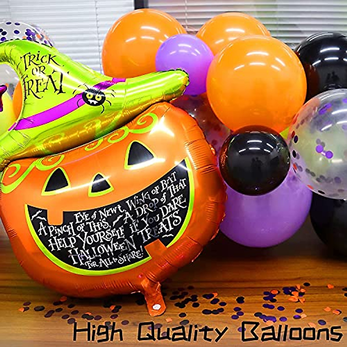 124 Pack Halloween Balloon Arch Garland Kit, Black Orange Green Purple Confetti Balloons and Mylar Pumpkin Balloon for Kids Halloween Birthday Party Decorations Supplies