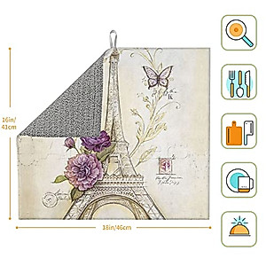 Light Brown Eiffel Tower Printed Drying Mat For Kitchen Ultra Absorbent Microfiber Dishes Drainer Mats Non-Slip Silicone Quick Dry Pad - 18 X 16inch
