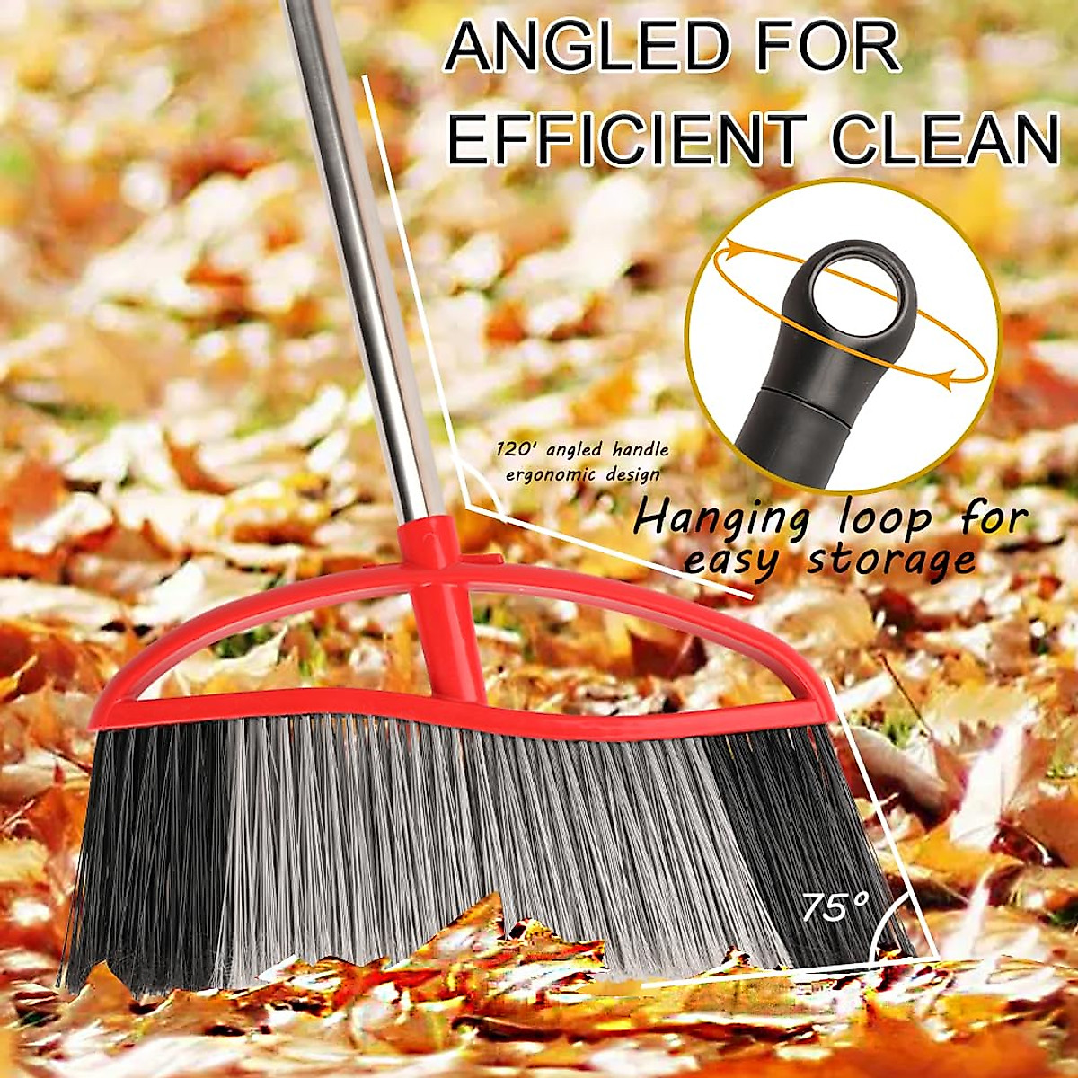 Outdoor Broom, 15.7'' Wide Heavy Duty Broom with Long Handle, Angle Broom with Stiff Bristles, Sweeping Broom for Sweeping Patio, Garden, Garage, Yard, Heavy Duty Broom (red)