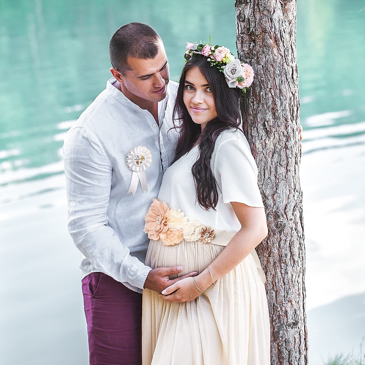 Baby Shower Maternity Sash Belly Belt, Mom to Be & Dad to Be Button Pin, Pregnancy Maternity Flower Sash Belt for Gender Reveal (Khaki)