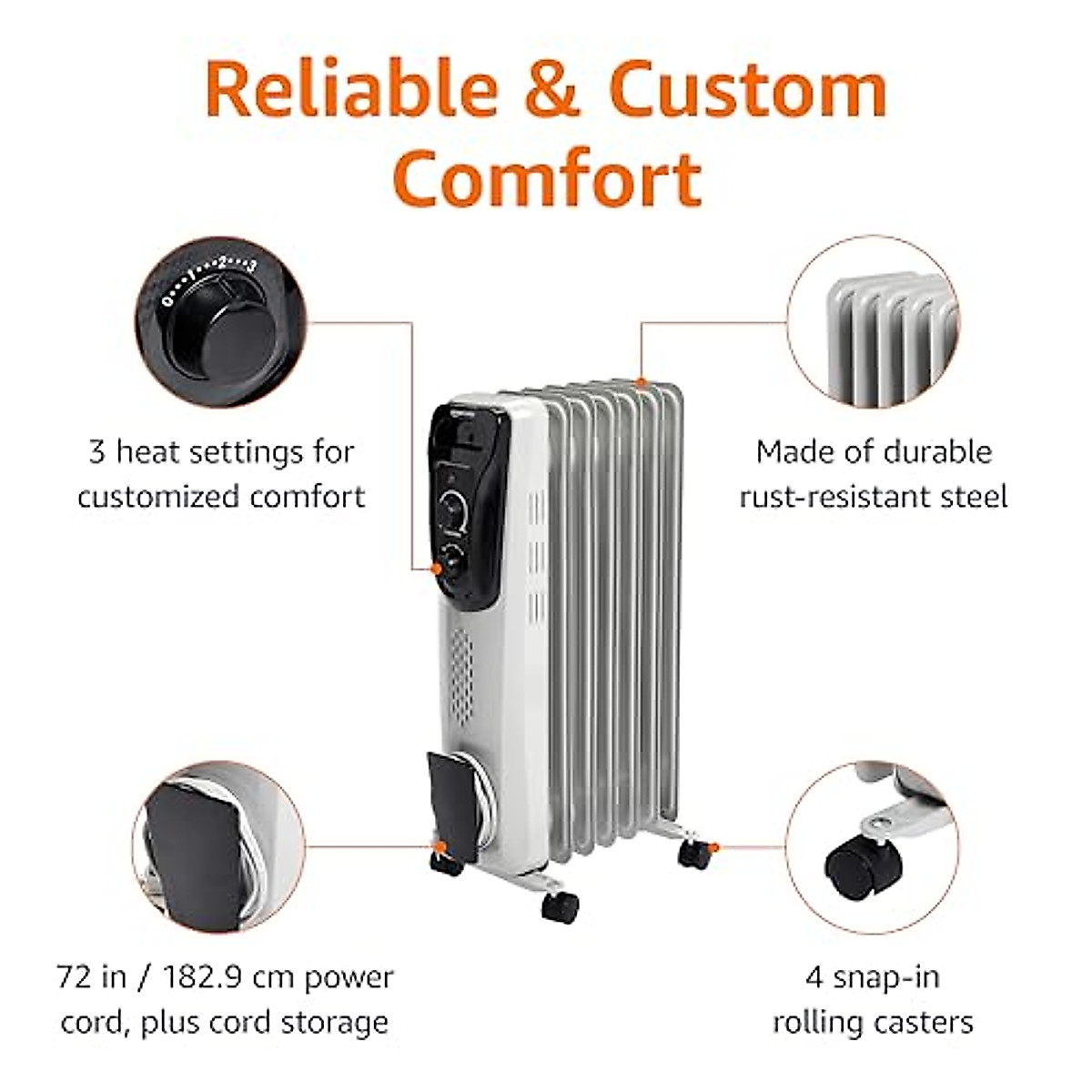 Amazon Basics Oil Heater, Radiator Heater for Indoor Use, With Over-Heat Protection, 7 Oil-Filled Steel Fins, 3 Heat Settings, ETL-certified Safety, 1500W, White, 11"D x 14.8"W x 25.2"H